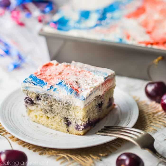 Cherry Vanilla Cake with red white & blue swirl Frosting