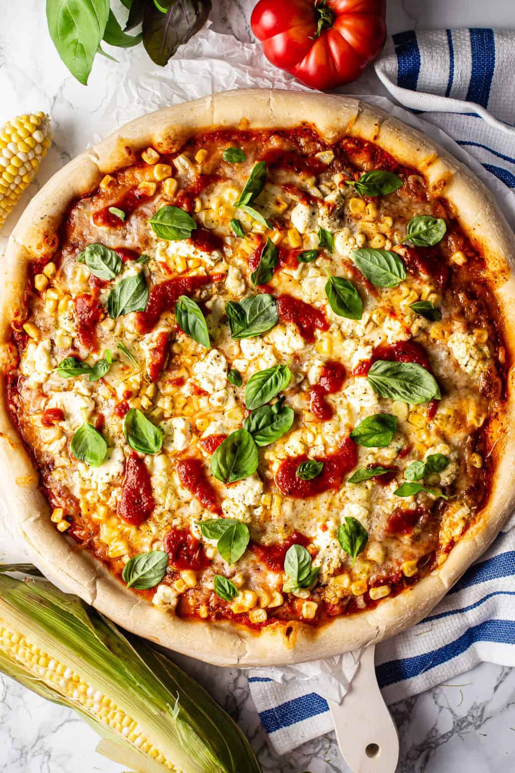 Seasonal Summer Corn Pizza with Basil, & Boursin - Baking A Moment